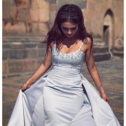 2018 Sheath/column Prom Dresses Light Sky Blue Spaghetti Straps Modest ...