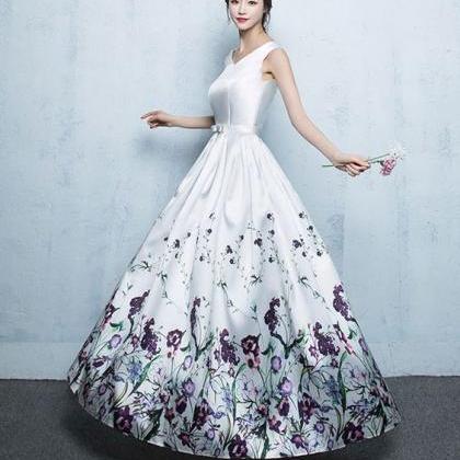 White Floral Pattern Long Prom Dress, White Evening Dress M2440 on Luulla