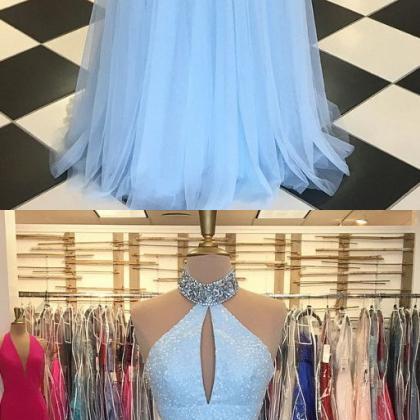 Light Blue Beaded Prom Dress,high Neck Two Piece Prom Dresses,split ...