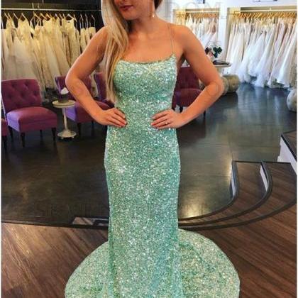 Mermaid Spaghetti Straps Long Mint Sequined Prom Dress M5716 on Luulla