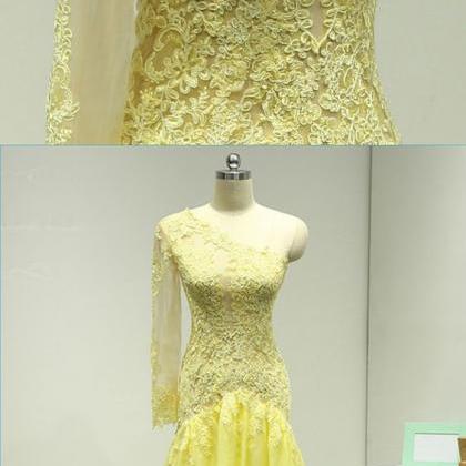 Yellow Chiffon One Sleeve See Through Long Evening Dress, Lace Prom ...