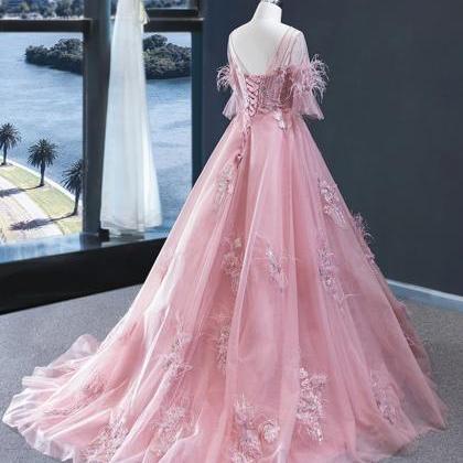 Unique Pink Tulle Lace Mid Sleeve Long A Line Formal Prom Dress ...