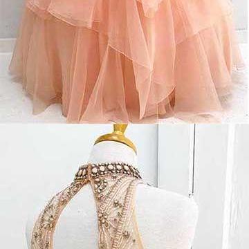 Charming High Neck Prom Dresses,ruffle Beading Evening Dress,ball Gown ...