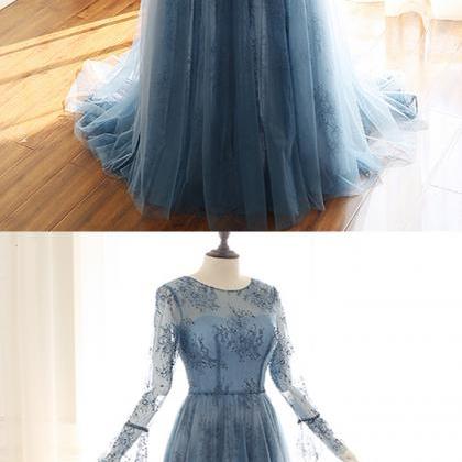 Blue Gray Lace Long Evening Dress, Pageant Prom Gown With Sleeve M2461 ...