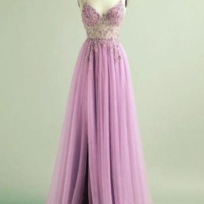 Lilac Beaded Prom Dresses 2021 Long Tulle Split Formal Gowns on Luulla