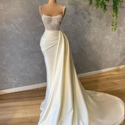 Women Ivory Evening Dresses Long Satin Beaded Formal Gowns on Luulla
