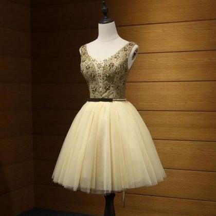Cute Gold Tulle Lace Short Prom Dress, Cute Evening Dress on Luulla