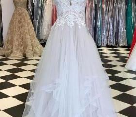 Sweetheart Neck White Tulle Long Ruffles Prom Dress With White Lace ...