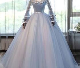 Blue V-neck Long Formal Prom Dress With Sleeves, Ball Gowns M1446 on Luulla
