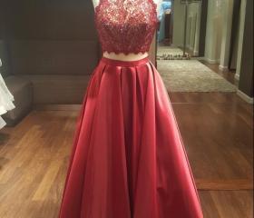Halter Dark Red Satin Long Prom Dress With Lace,evening Party Gown ...