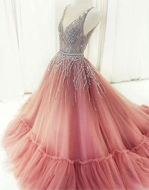 Unique A-line V-neck Pink Tulle Long Prom/evening Dress With Beading ...
