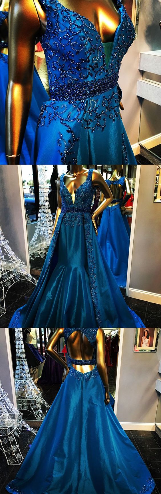 Gorgeous Royal Blue Beading Rhinestone Ball Gown Backless Formal ...