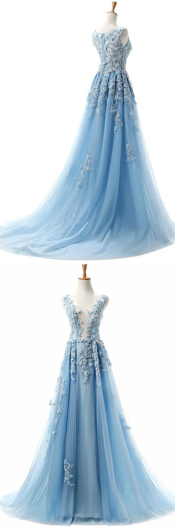 A-line Bateau Court Train Sleeveless Blue Tulle Prom Dress With ...
