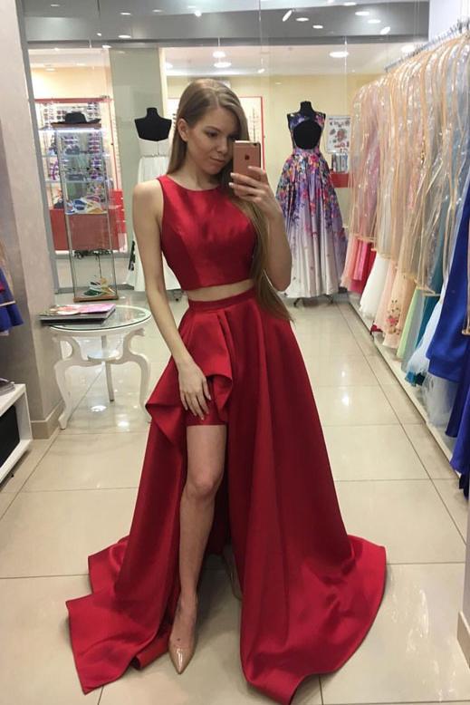 A Line Red Sleeveless Two Piece Long Satin Prom Dress Evening Dress For