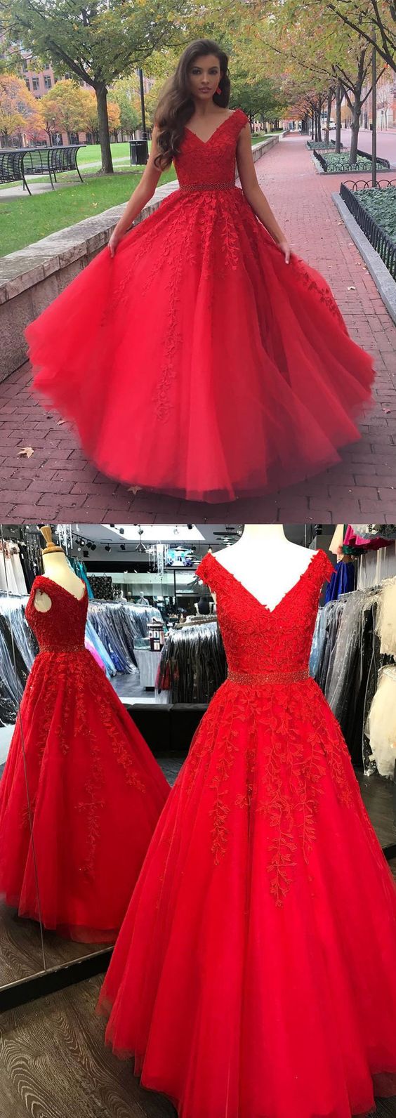 Red Prom Gowns With Appliques Fashion Formal Party Dresses With Beaded
