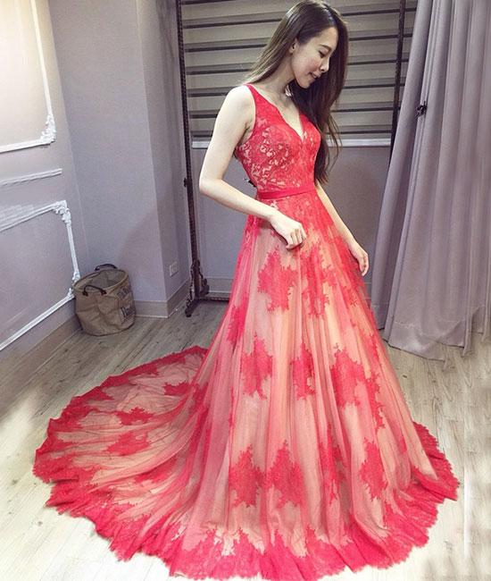 Red V Neck Lace Long Prom Dress, Red Lace Evening Dress M1926 on Luulla