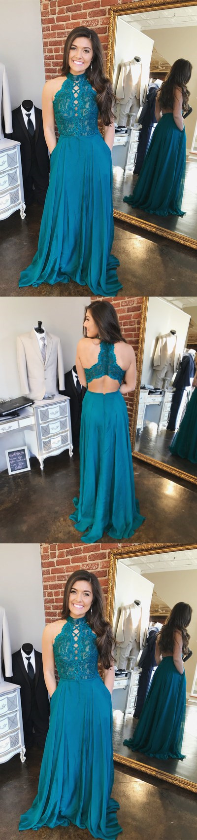 Gorgeous High Neck Blue Long Prom Dress With Pockets M1995 on Luulla