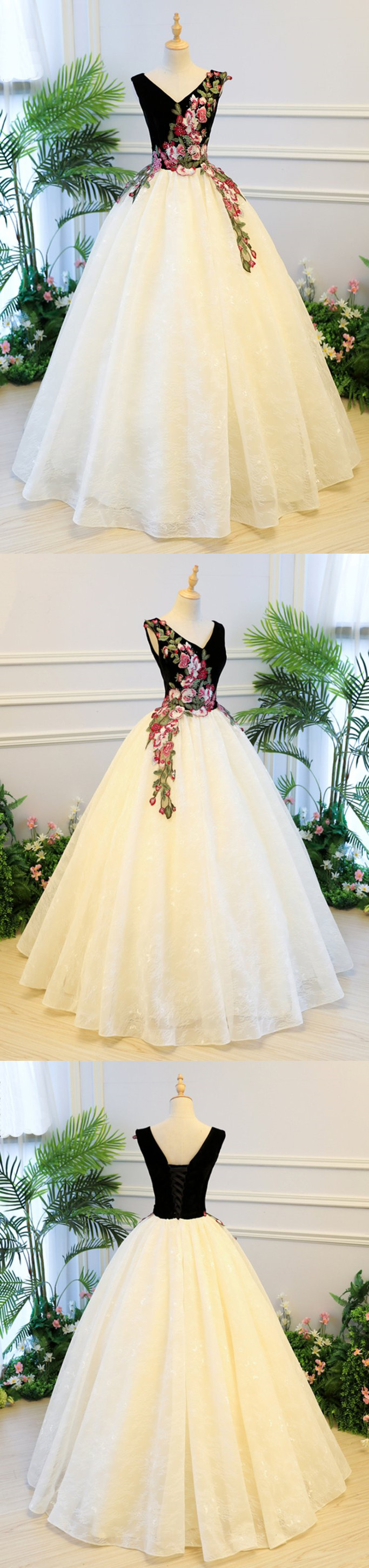 Ivory Lace V Neck Embroidery Long Formal Prom Dress, Ivory Customize ...