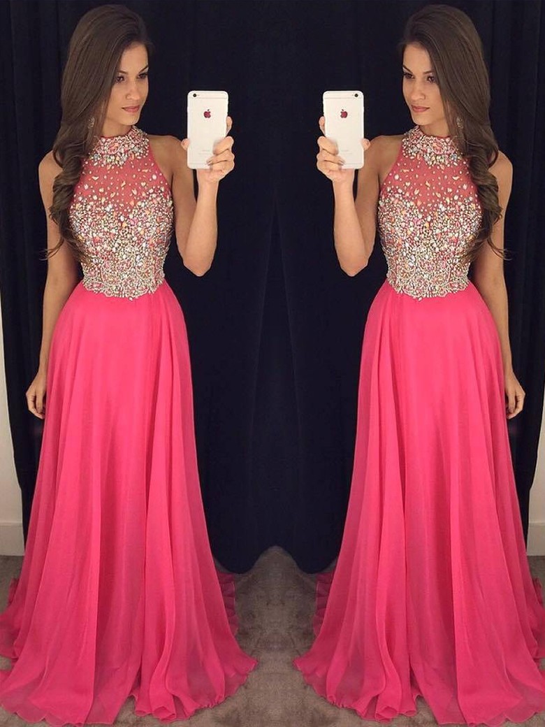 A-line High Neck Chiffon Tulle Sweep Train With Beading Nice Prom ...