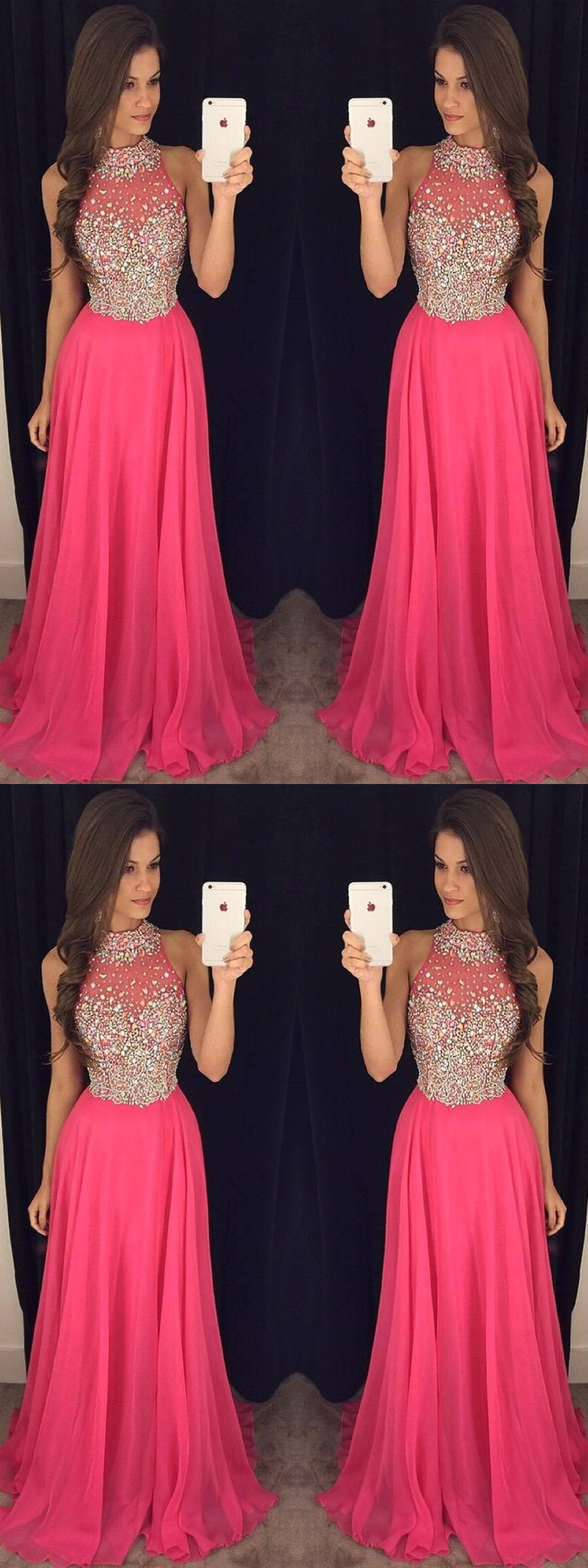 A-line High Neck Chiffon Tulle Sweep Train With Beading Nice Prom ...