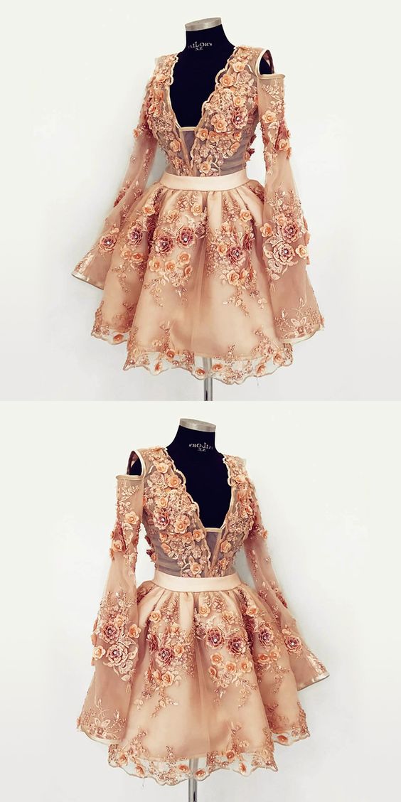 A-Line Deep V-Neck Cold Shoulder Long Sleeves Short Prom Dress With ...