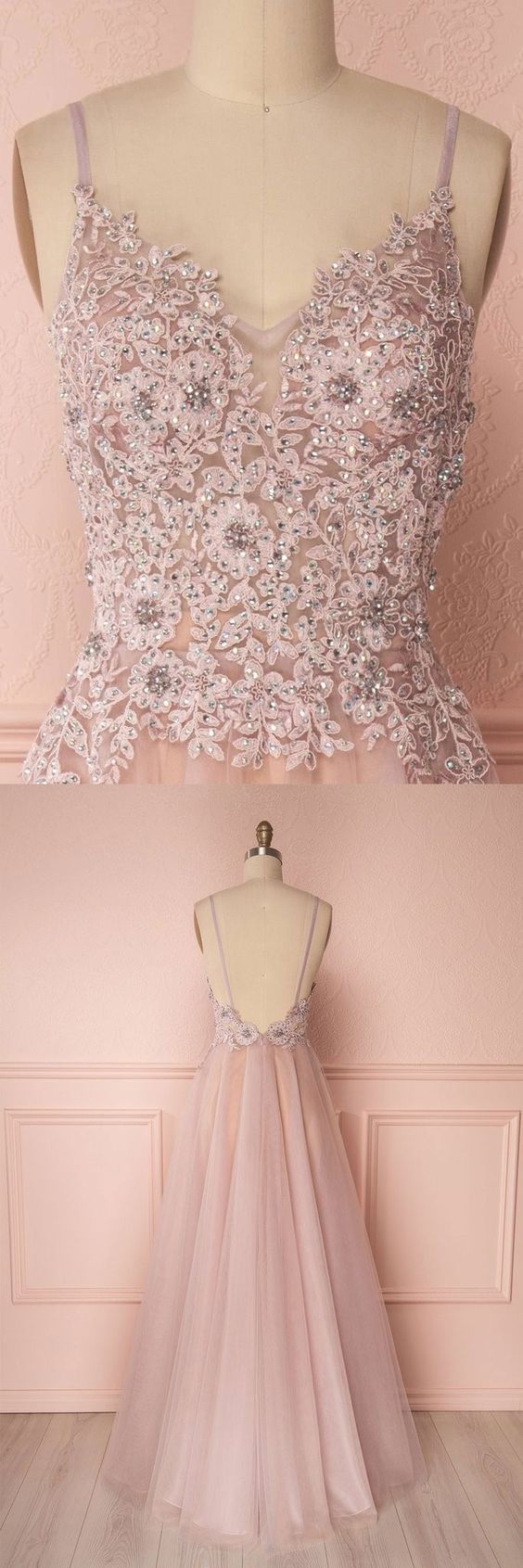 Glamour Spaghetti Straps Pink Backless Prom Dress With Appliques M6308 ...