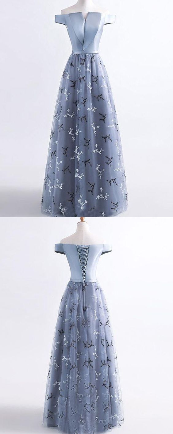 Elegant Off The Shoulder Blue Lace Long Prom Dress M7624 on Luulla