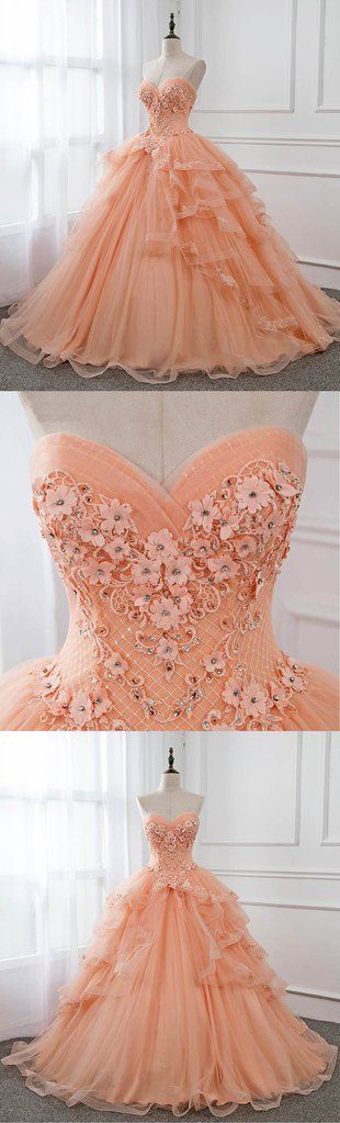 Orange Tulle Strapless Ruffles Long Sweet 16 Prom Dress, Lace Evening ...