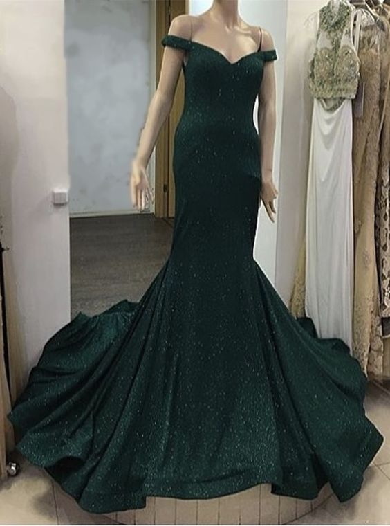 Emerald Green Ruffles Prom Dresses Off Shoulder Sequin Evening Gowns ...