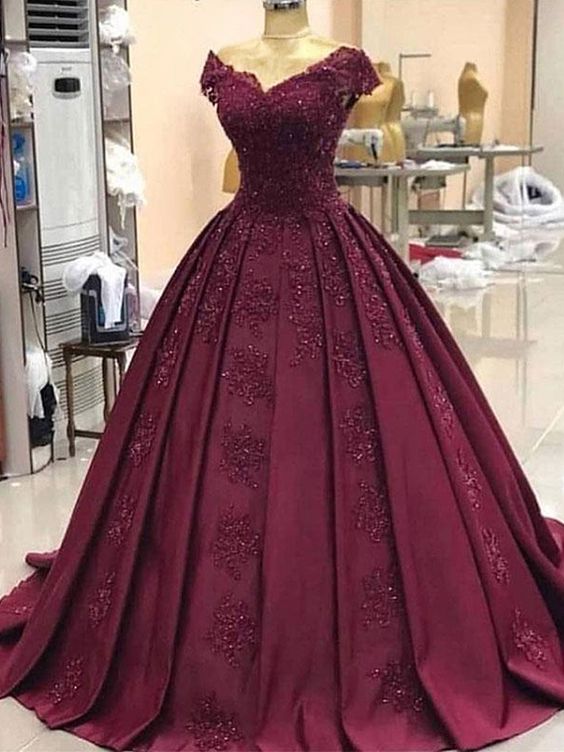 A Line Off The Shoulder Burgundy Prom Dresses Ball Gown Appliques M8588 ...