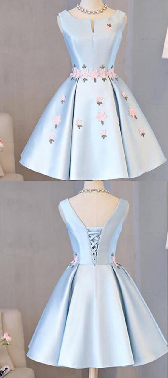 Light Blue Sleeveless Satin Short Prom Dress With Appliques, Homecoming ...