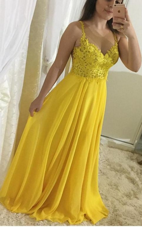 Lace Bodice Evening Party Gowns,women's Yellow Satin Appliques Formal ...