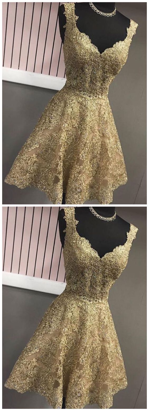 Gold V Neck Lace Short Prom Dress, Gold Homecoming Dress M9159 on Luulla