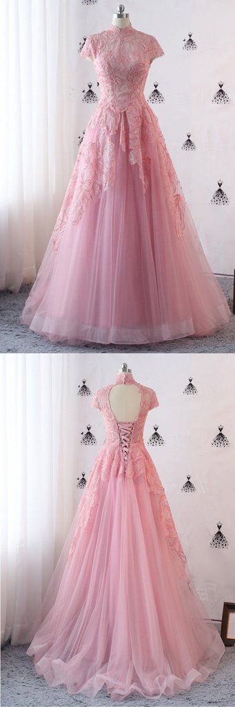 Unique Pink Tulle Large Size High Neck Women Formal Prom Dress With ...