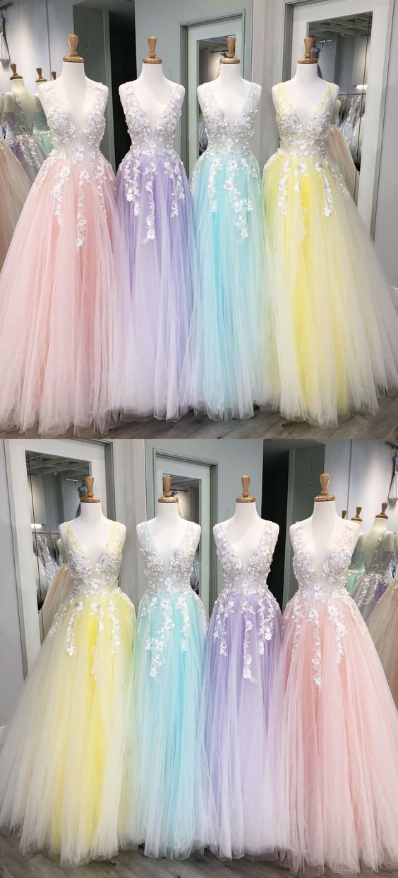Dreamlike V-neck Appliques Prom Dress,a-line Tulle Long Evening Dress ...
