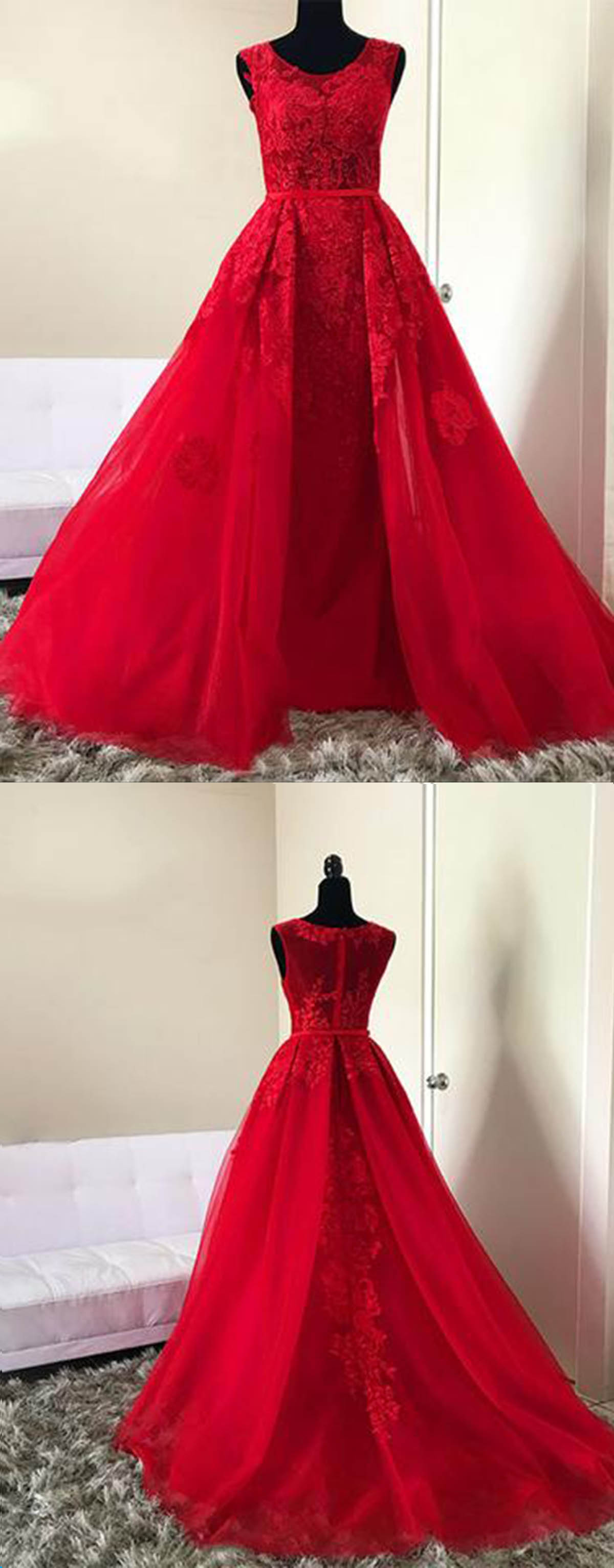 Red Tulle O Neck Long Lace A-line Halter Senior Prom Dress, Red Evening ...