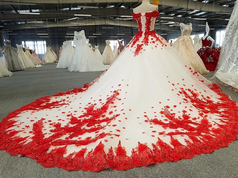 Luxury Off The Shoulder Red Flowers Red Carpet Gown With Train M942 on ...