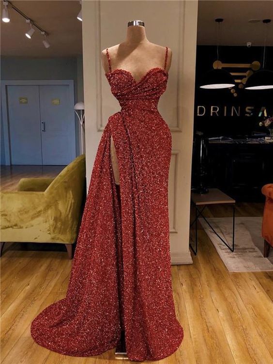 Sheath Spaghetti Straps Long Red Prom Dresses With Split M1052 on Luulla