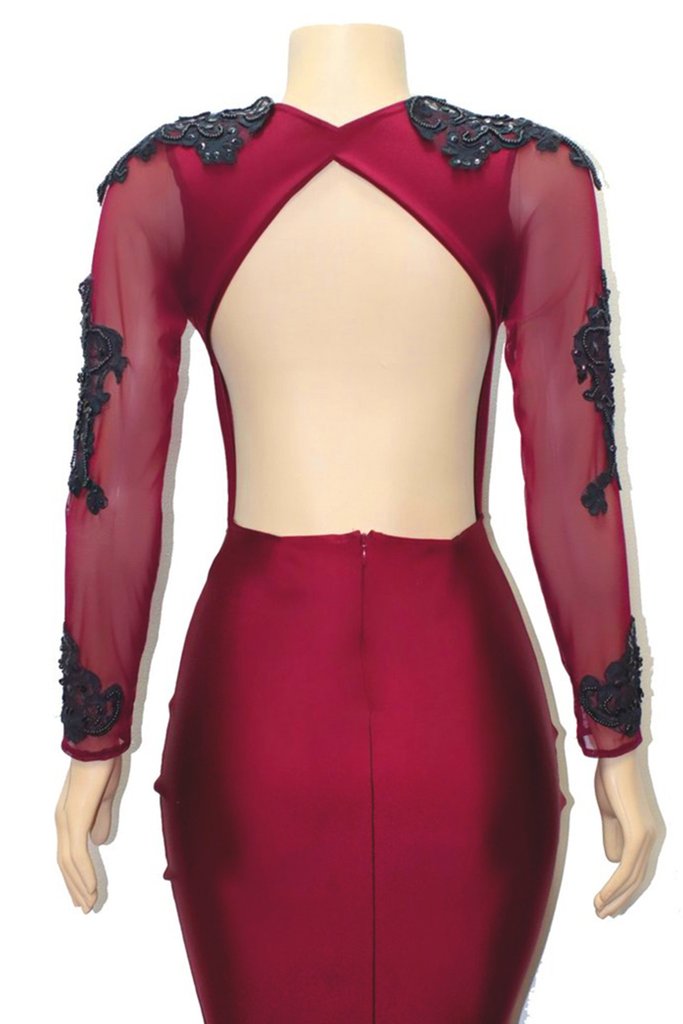 Burgundy V Neck Long Mermaid Evening Dress, Prom Dress With Sleeve ...