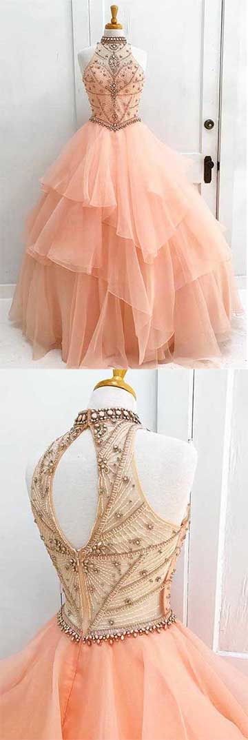 Charming High Neck Prom Dresses,ruffle Beading Evening Dress,ball Gown ...