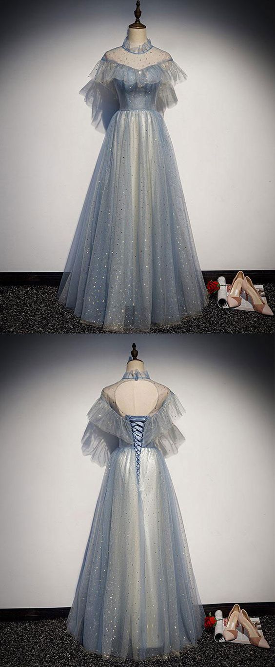 Light Blue Tulle Lace Long Prom Dress, Tulle Evening Dress M1390 on Luulla