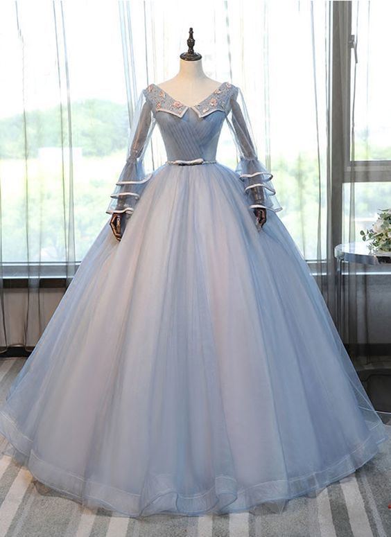 Blue V-neck Long Formal Prom Dress With Sleeves, Ball Gowns M1446 on Luulla