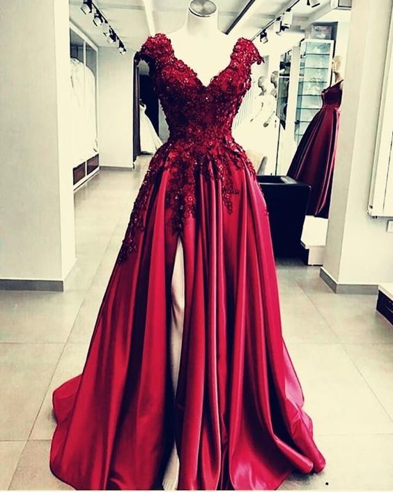 V Neck Burgundy Red Split Side Prom Dresses With Appliques Lace M1465 ...