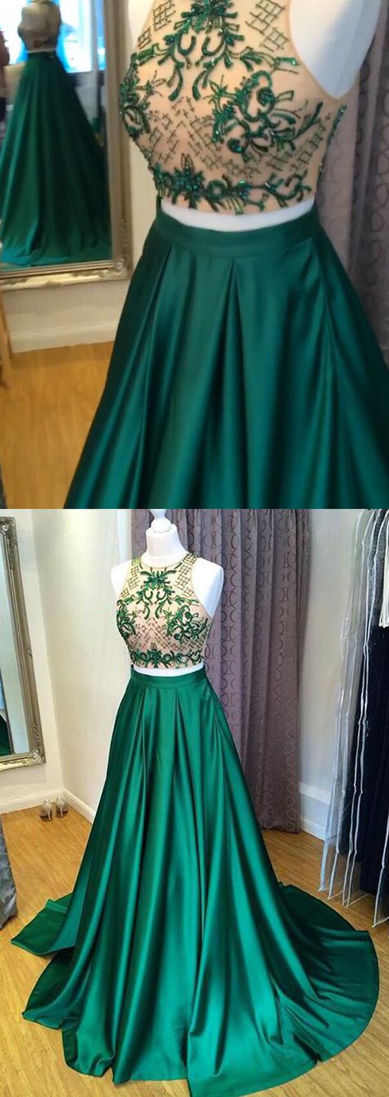 2 Pieces Green Satin Prom Dresses A Line Long Beads Evening Dress Party ...