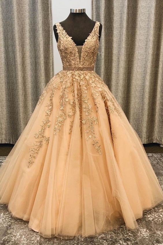 Classic A-line Gold Long Prom Dress Formal Dress With Lace Appliques ...