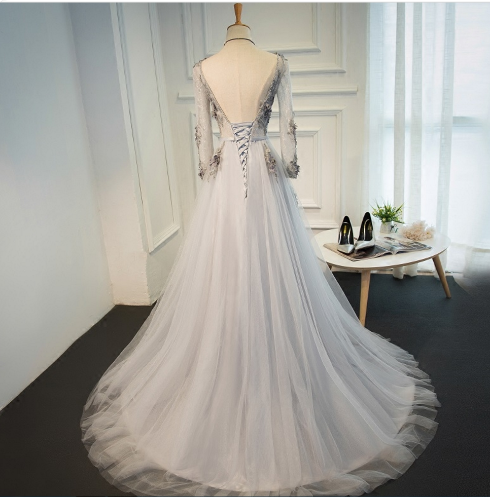 Beautiful Light Grey Tulle V-neckline Long Prom Dress, Floral Grey ...