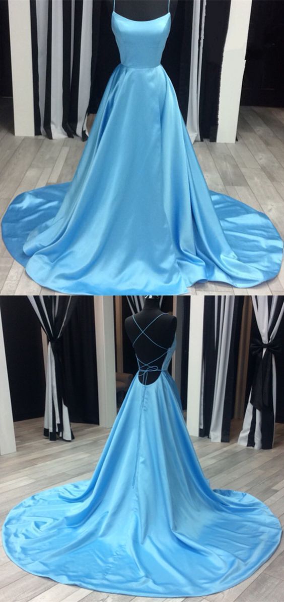 Blue Satin Open Back Prom Dresses Leg Slit Evening Gowns M2556 on Luulla