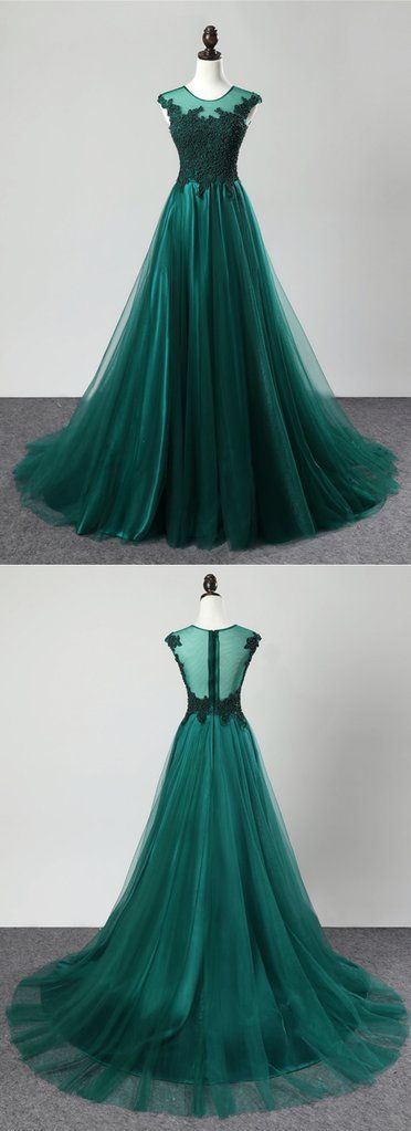 Deep Green Tulle Beaded Sweep Train Formal Prom Dress, Evening Dress ...