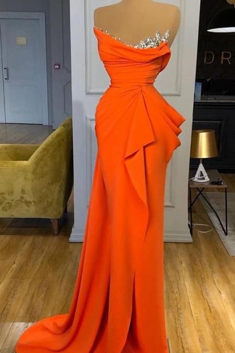 Sexy Strapless Long Orange Prom Dress Slim Sheath Ruffles Shiny Sequins ...