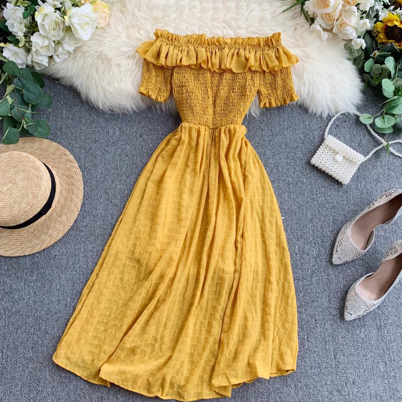 Solid Color Frock Dress Off Shoulder And Gentle Ruffled Dress on Luulla